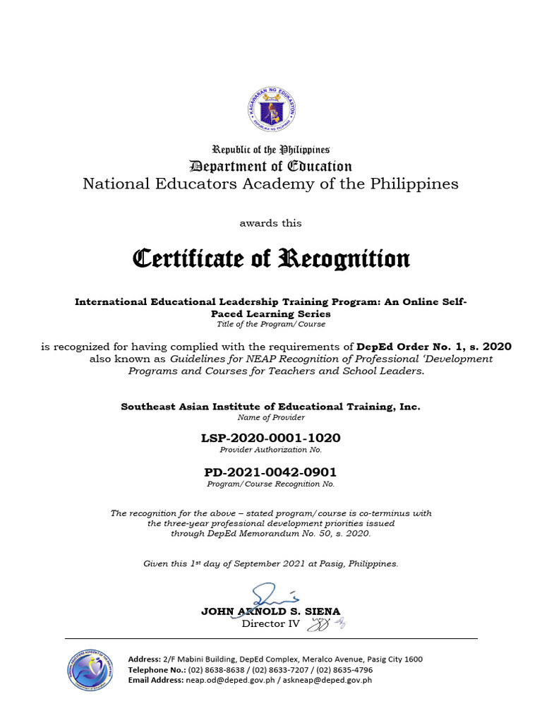 NEAP Recognition Cert - LEADERSHIP | PDF