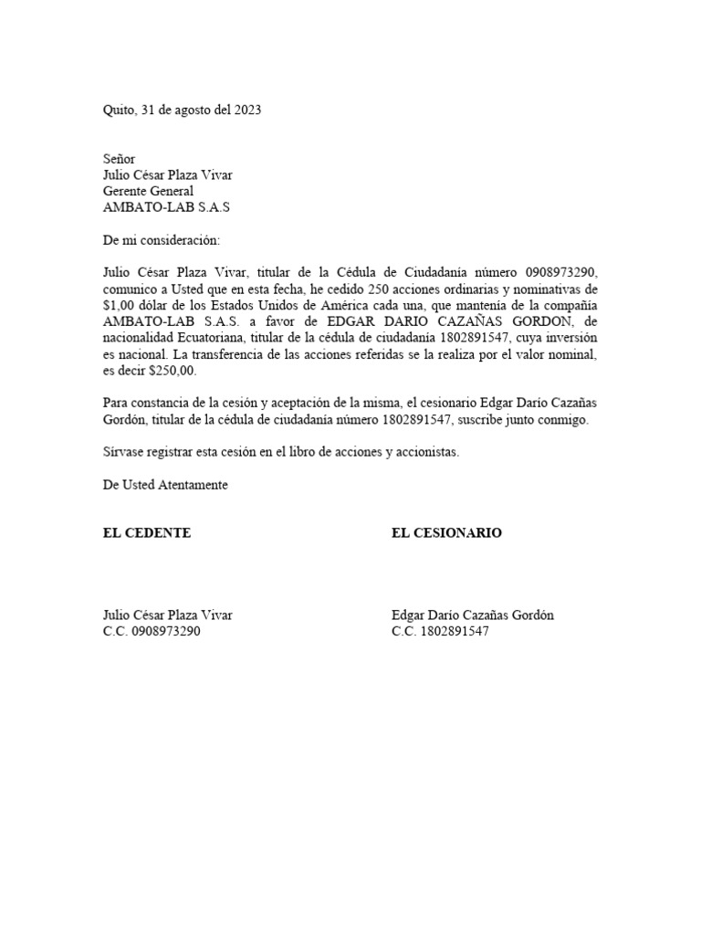Cesión de Acciones en AMBATO-LAB S.A.S | PDF | Deportes y actividades ...
