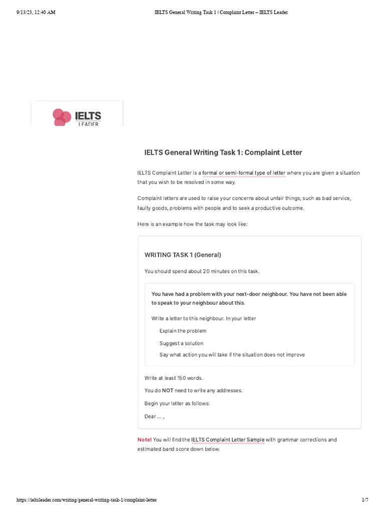 IELTS Complaint Letter Guidelines | PDF | International English ...