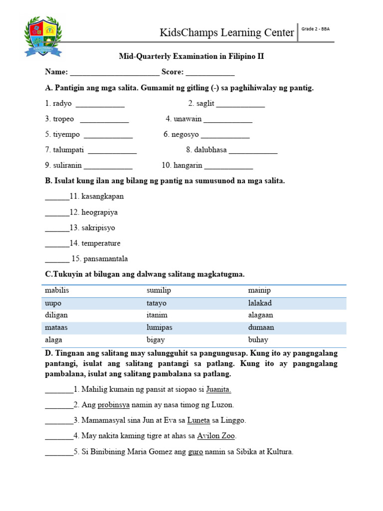 BBAG2 - Filipino Mid Q1 | PDF
