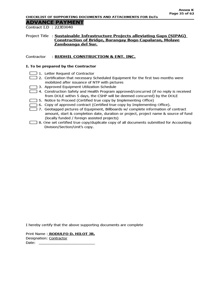 DPWH Payment Claim Document Checklist | PDF | Receipt | Lease