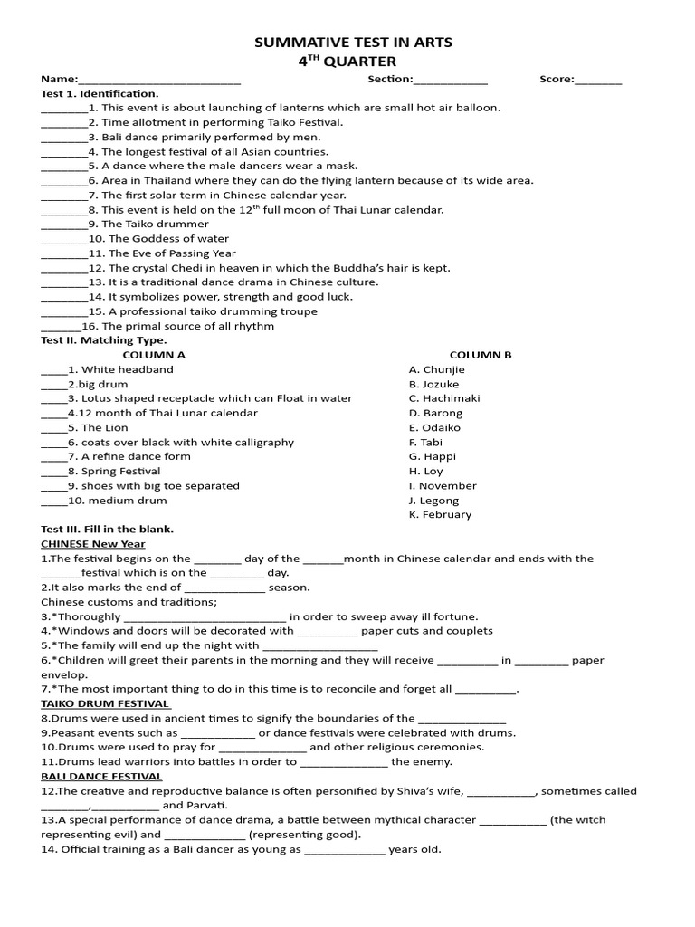 SUMMATIVE TEST IN ARTS 4th Quarter | Download Free PDF | Dances