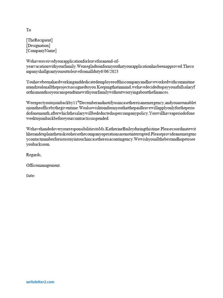 Vacation or Leave of Absence Approval Letter - 1 | PDF