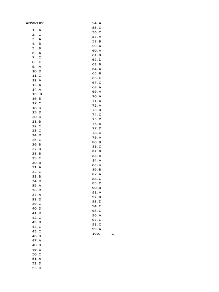 Answer Key for Quiz Questions 1-100 | PDF