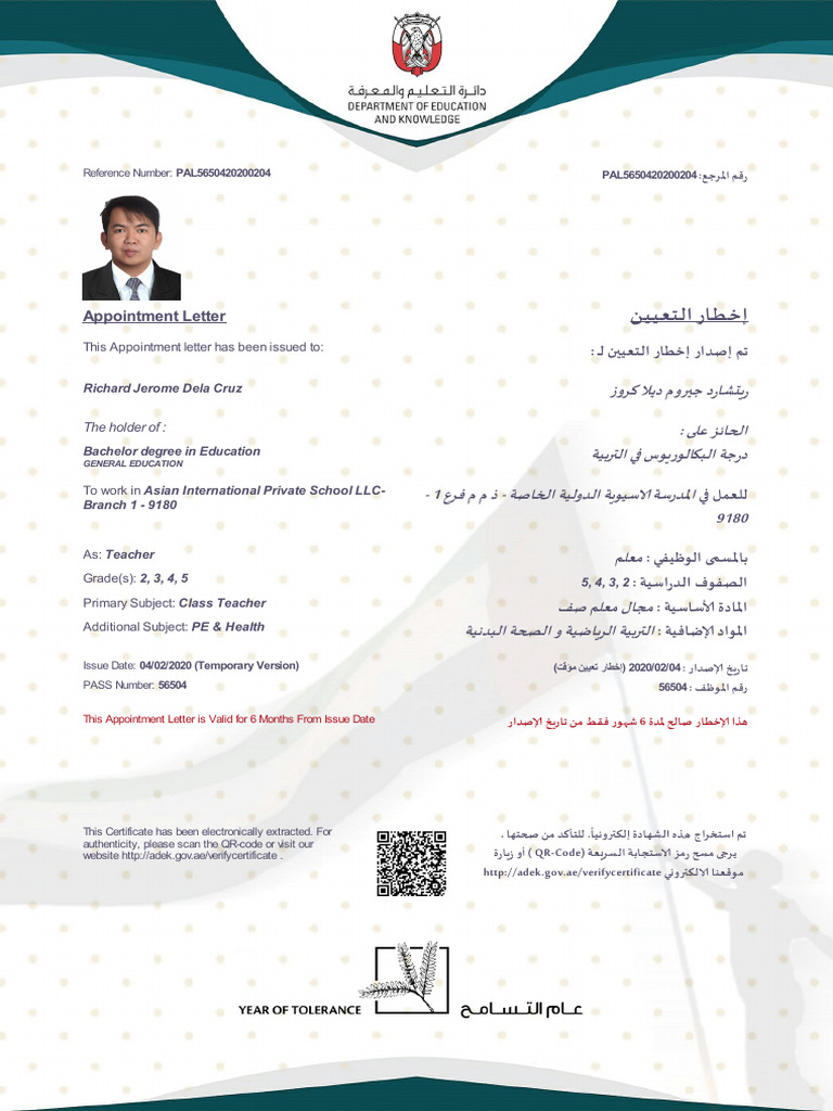 ADEK Teacher Appointment Letter | PDF