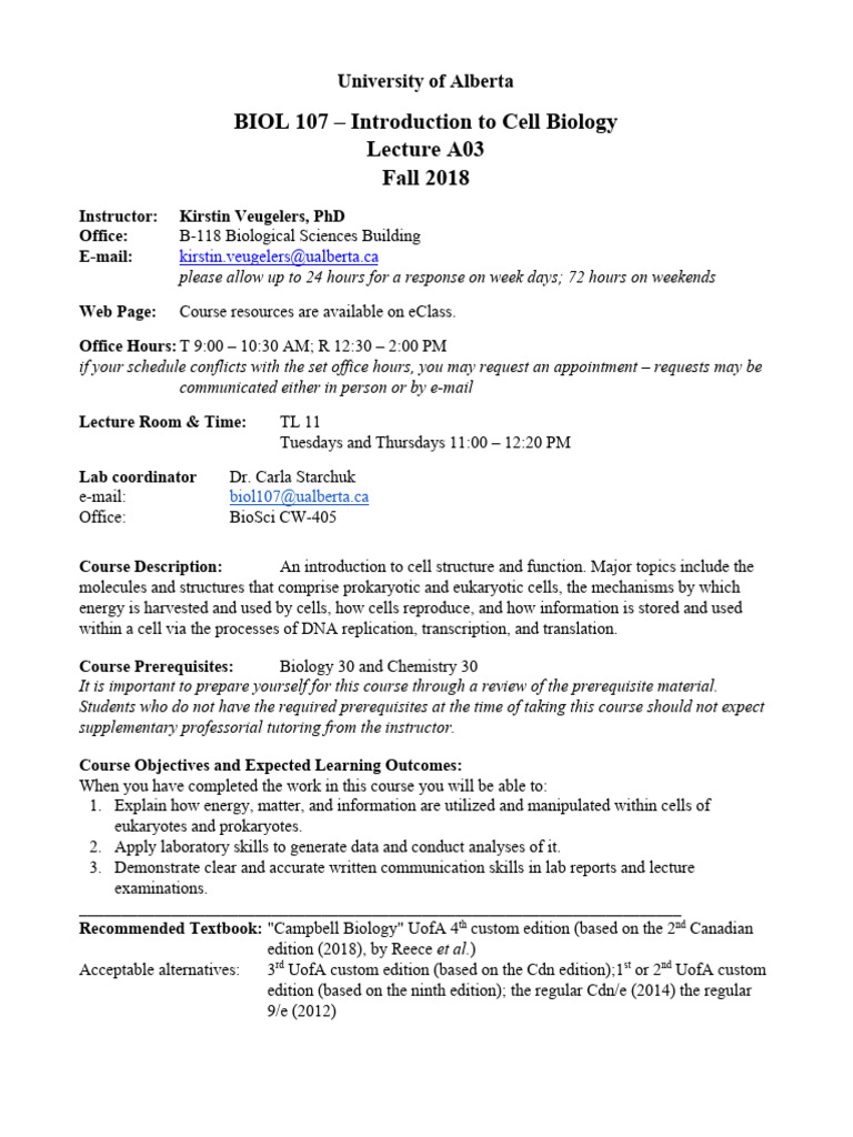 BIOL 107 Lecture (Fall Term) Syllabus | PDF | Cell (Biology) | Academic Dishonesty