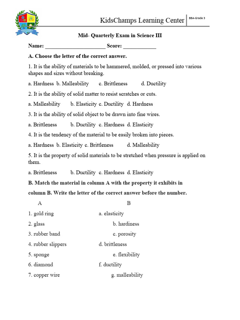 BBAG3 - Mid Q1-Science | PDF | Ductility | Solid