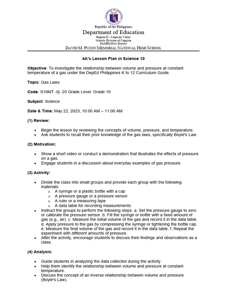 4a's Lesson Plan | Download Free PDF | Gases | Pressure