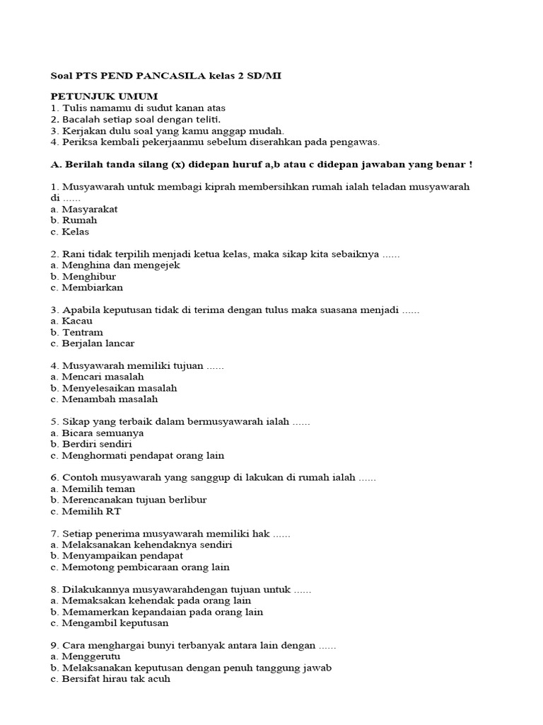 Soal Pts Pend Pancasila Kelas 2 SD Mi Dan Kunci Jawaban | PDF | Karier & Perkembangan | Seni ...