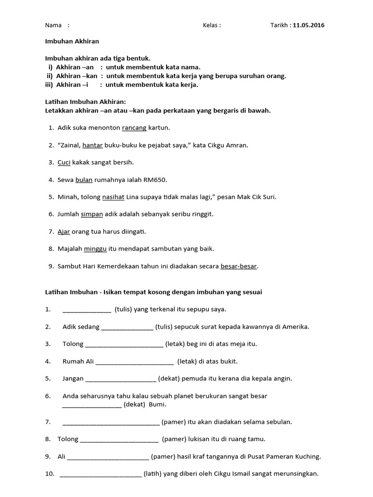 Latihan Imbuhan Akhiran Bahasa Indonesia | PDF