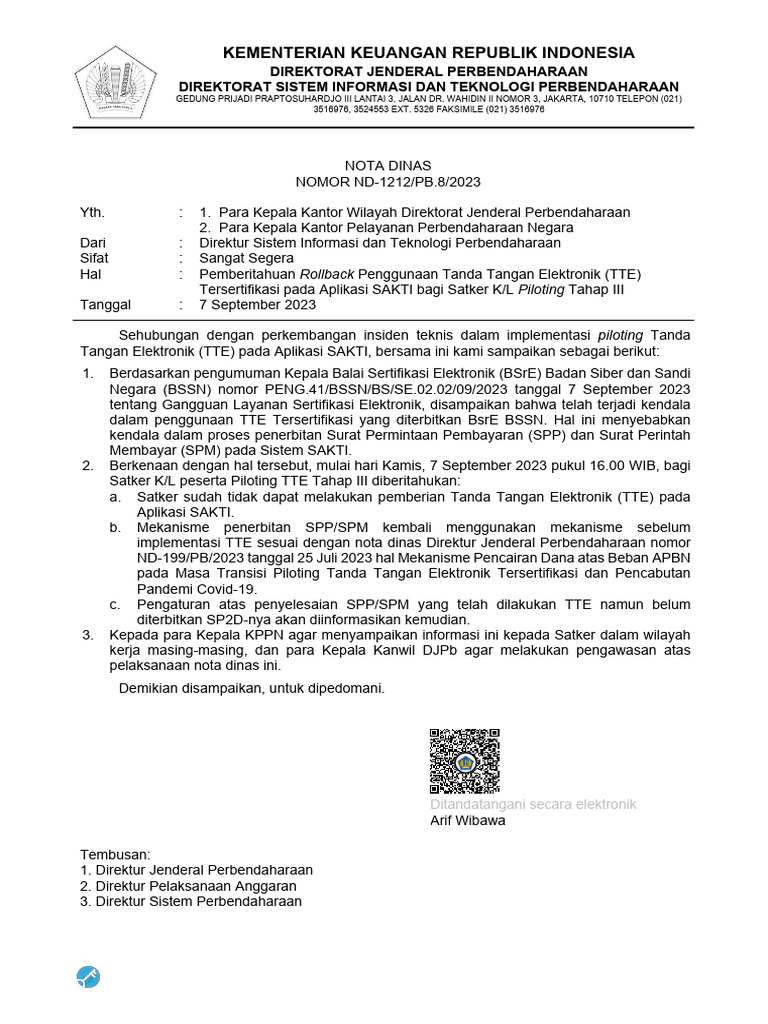 Pemberitahuan Rollback Penggunaan Tanda Tangan Elektronik (TTE ...