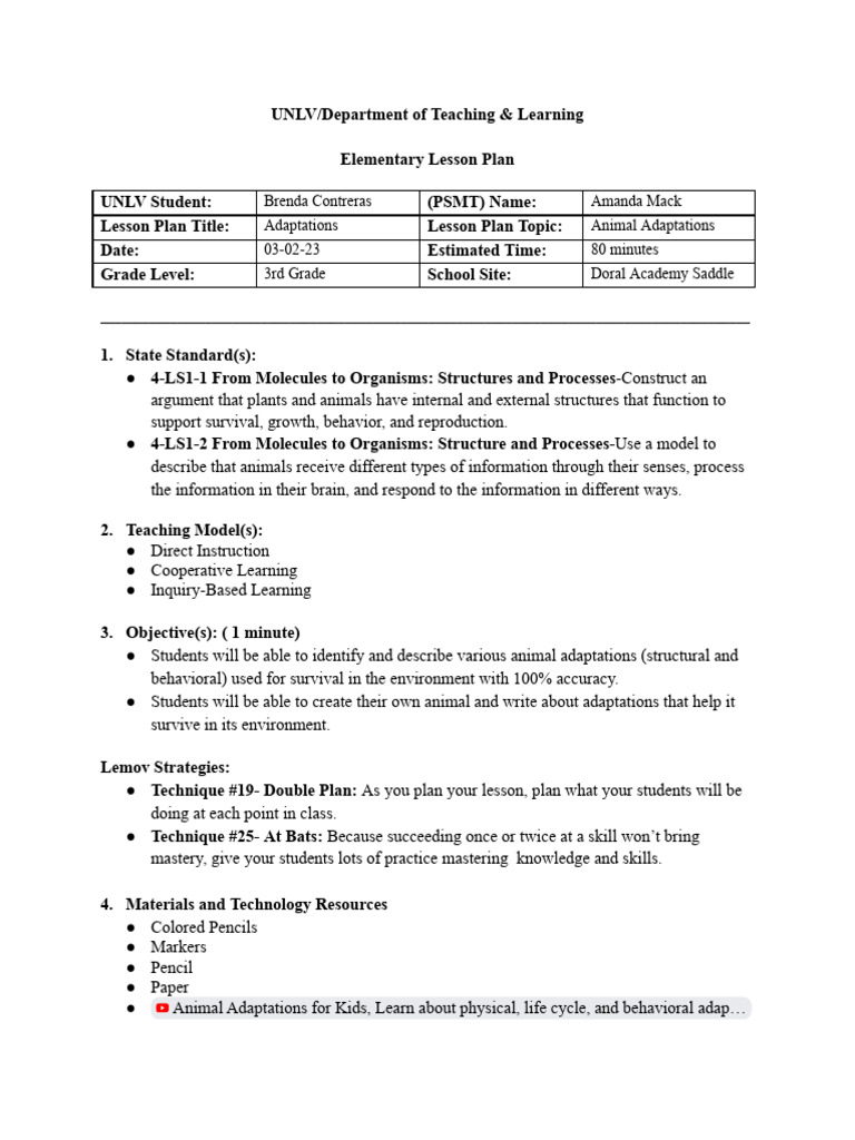 Animal Adaptations Lesson Plan | PDF | Learning | Cognition