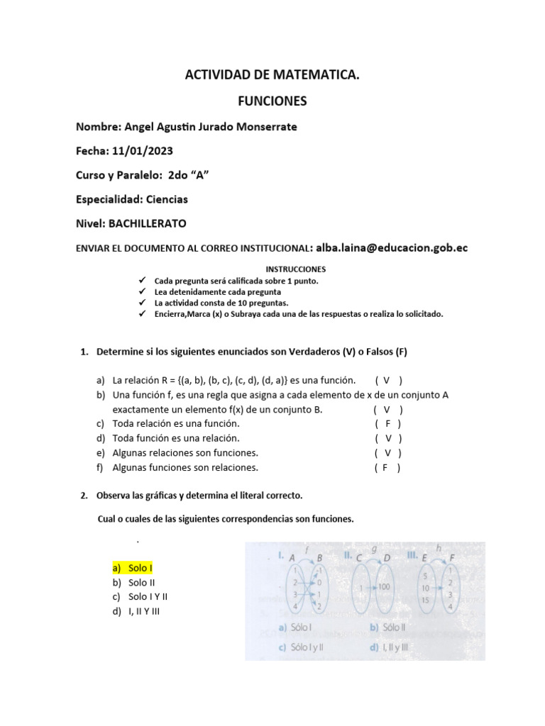 Actividad de Matematica | PDF | Función (Matemáticas) | Funciones y mapeos