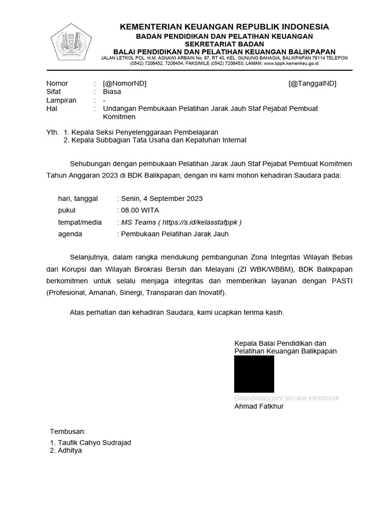 Undangan Pembukaan Pelatihan Jarak Jauh Staf Pejabat Pembuat Komitmen | PDF Undangan Pembukaan Pelatihan Jarak Jauh Staf Pejabat Pembuat Komitmen | PDF