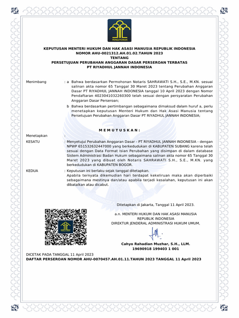 Ahu Akta Perubahan No 65 30 Maret 2023 Pt. Riyadhul Jannah Indonesia | PDF