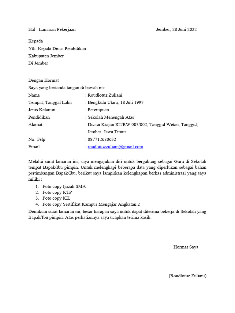 Surat Lamaran Kerja SD | PDF