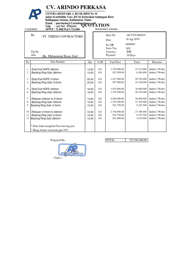 Quotation AP - Thiess or 6689663 | PDF