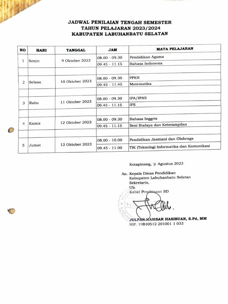 Jadwal UTS SD Labuhanbatu Selatan 2023 | PDF
