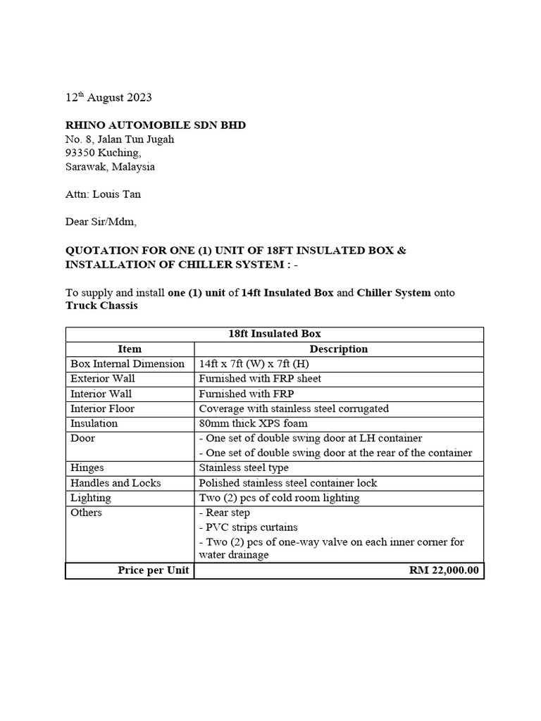 Quotation for 18ft Insulated Box & Chiller | PDF | Door | Motor Vehicle