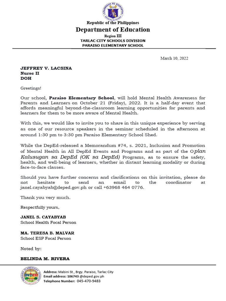 Letter of Invitation | PDF | Learning | Behavior Modification