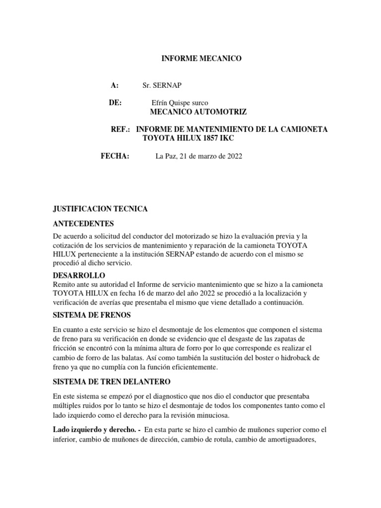 Informe Mecánico | PDF | Eje | Embrague