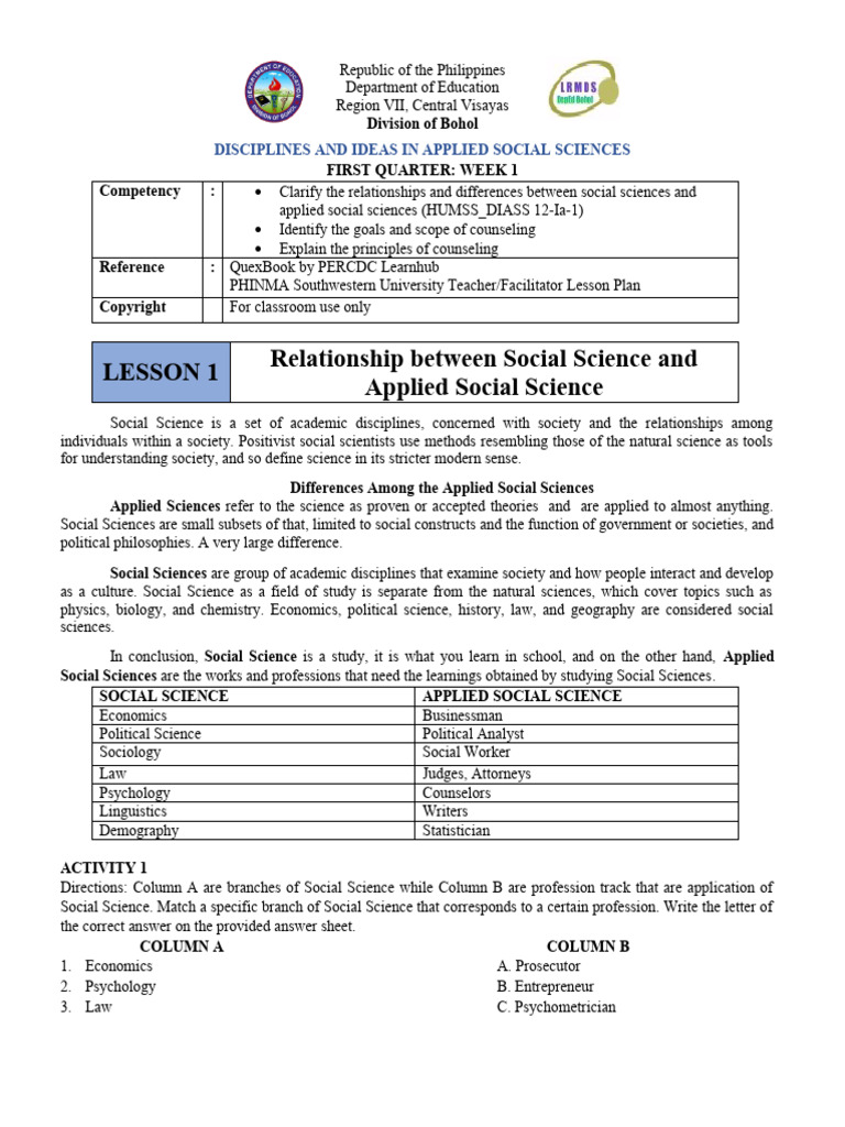 Humss - Diass - Q1 - W1 MS Word Calibrated | PDF | Social Sciences | Counseling Psychology