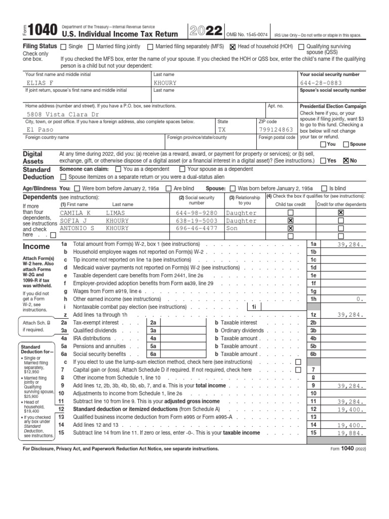 2022 TaxReturn | PDF | Irs Tax Forms | Health Savings Account