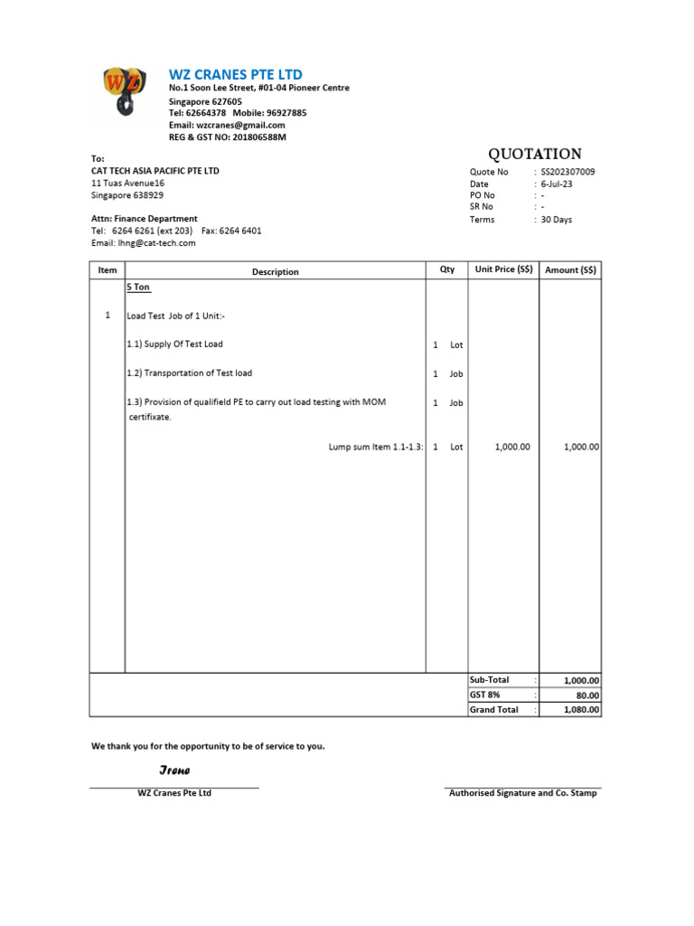 5 Ton Overhead Hoist Inspection Quotation | PDF