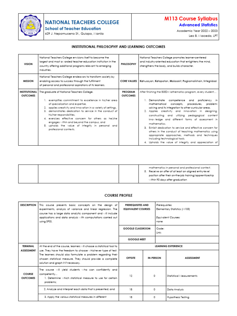 Advanced Statistics Course Syllabus | PDF | Statistics | Analysis Of ...