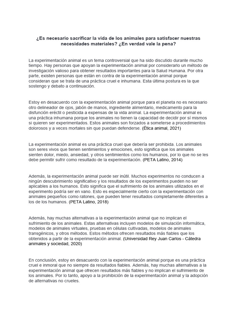 Ensayo Contra La Experimentacion Animal | PDF | Pruebas en animales ...