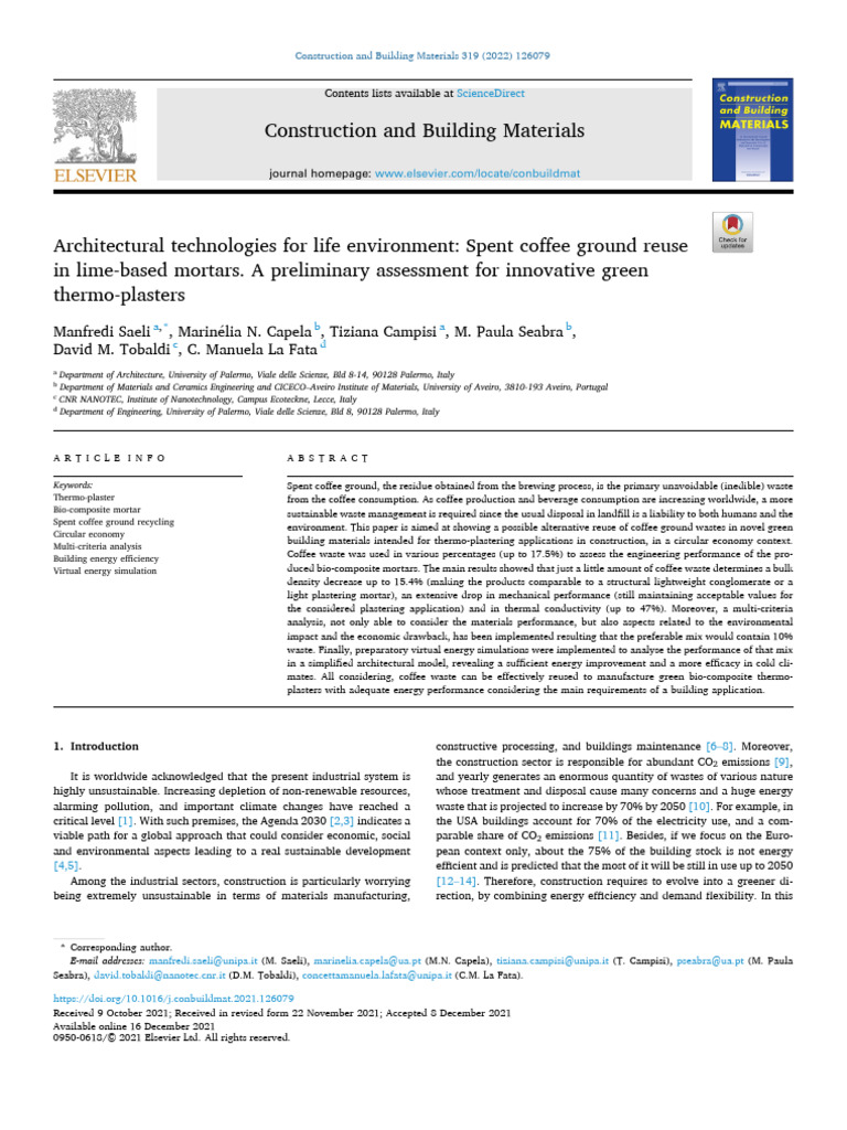 Spent Coffee Ground Reuse in Lime-Based Mortars. A Preliminary ...