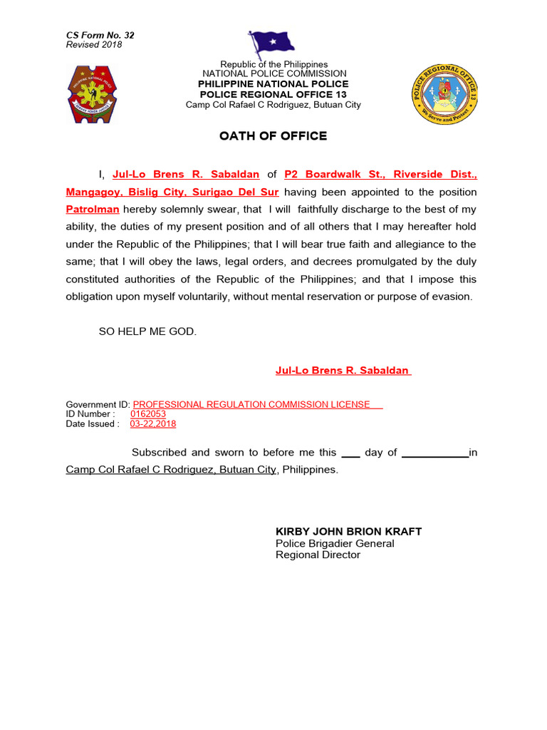 Sample Oath of Office - Copy JBRS | PDF