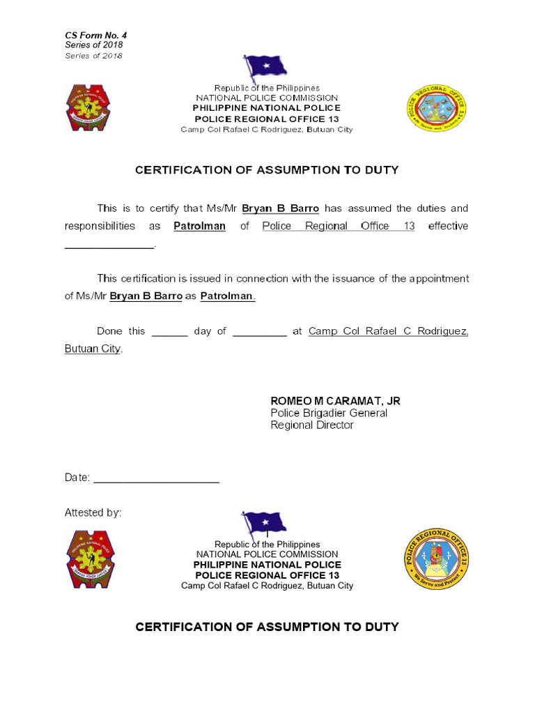 Certification of Assumption To Duty MOE JBRS | PDF