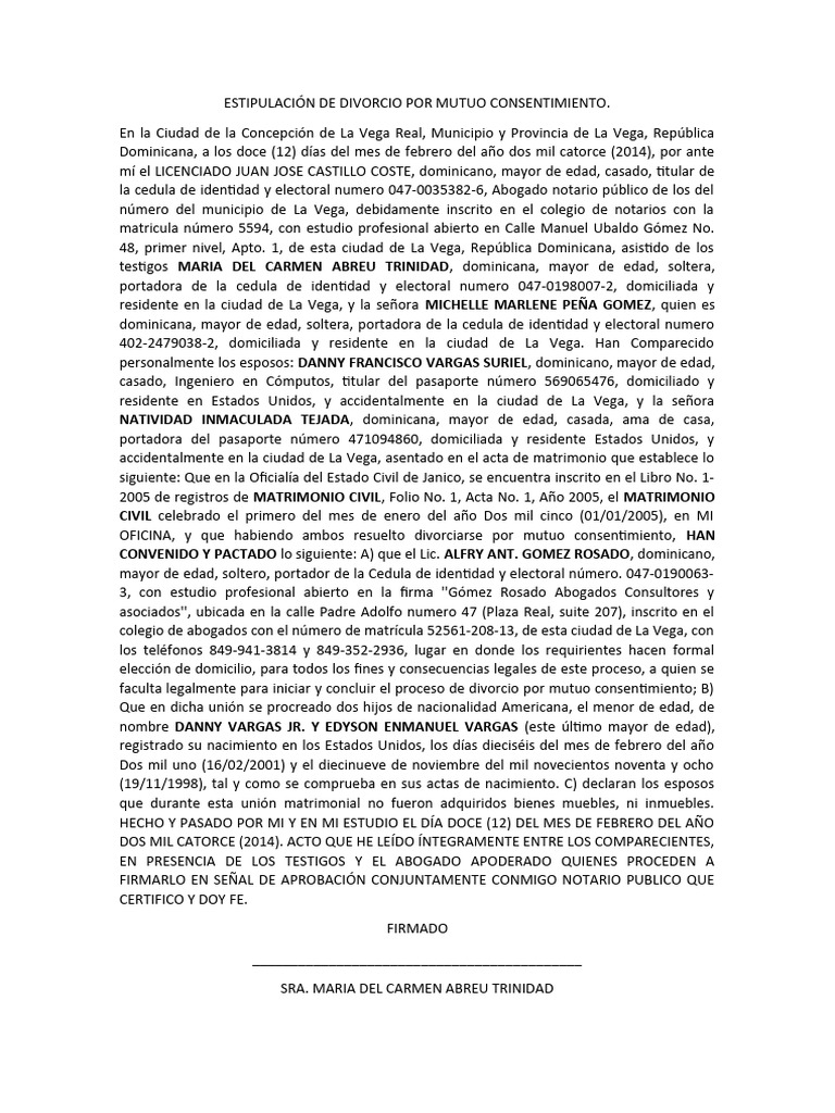 Estipulación de Divorcio Por Mutuo Consentimiento | PDF | República ...