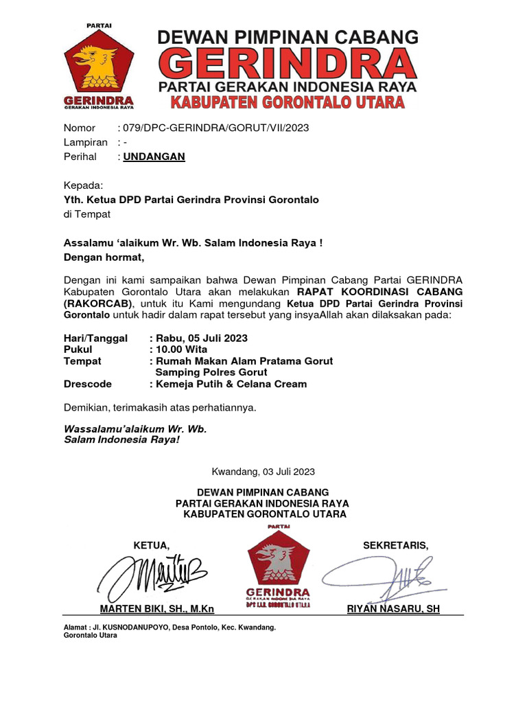 Undangan Rapat Koordinasi Partai Gerindra | PDF