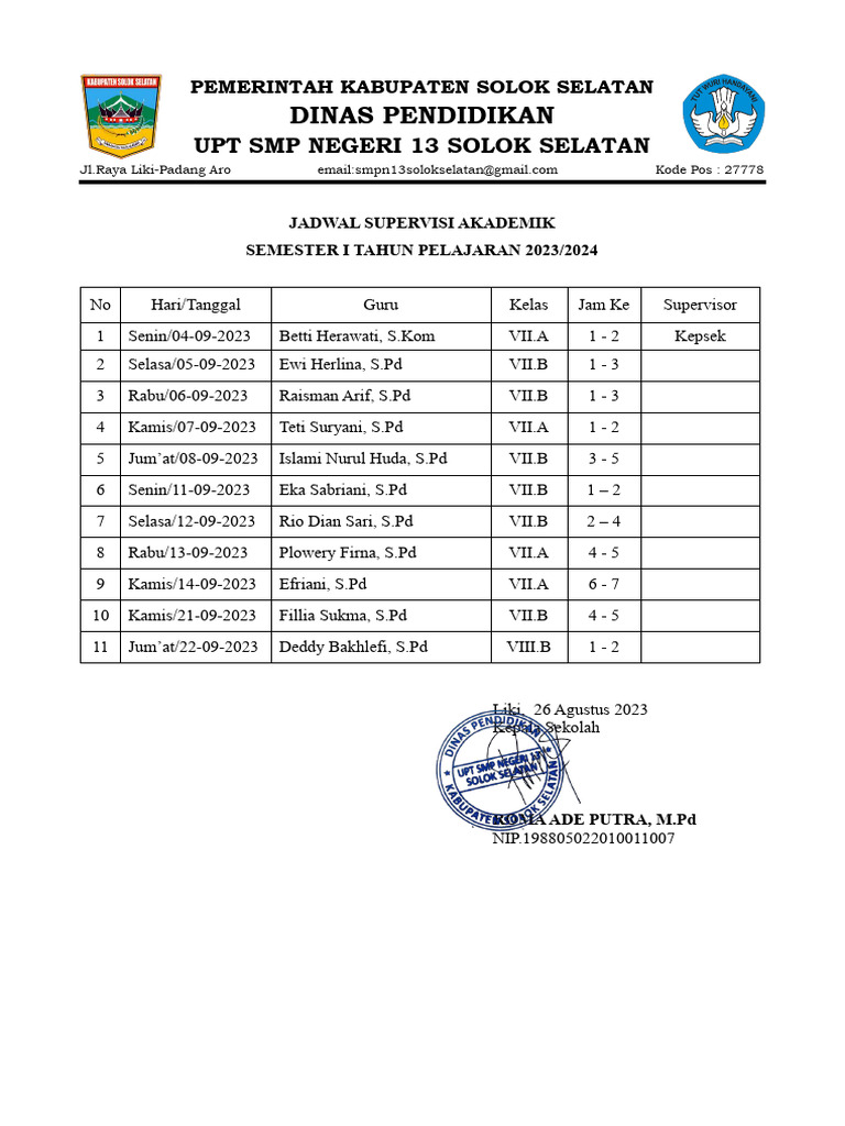 Jadwal Supervisi Semester Ganjil 2023 2024 | PDF