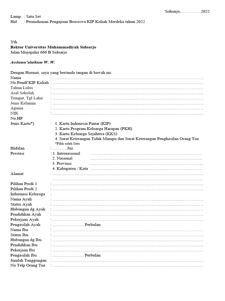 Form Permohonan Pengajuan Beasiswa KIP Kuliah 2022 UMSIDA | PDF