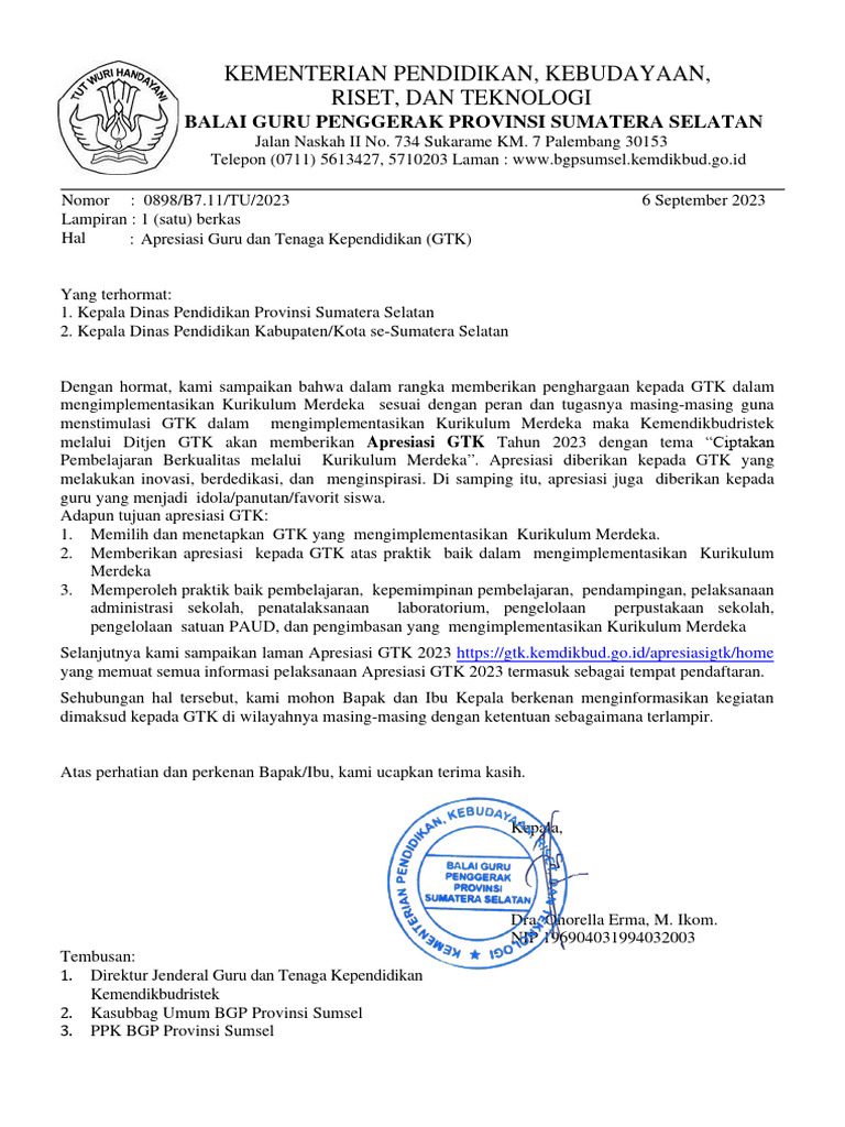 Surat Pemberitahuan Apresiasi GTK 2023 | PDF