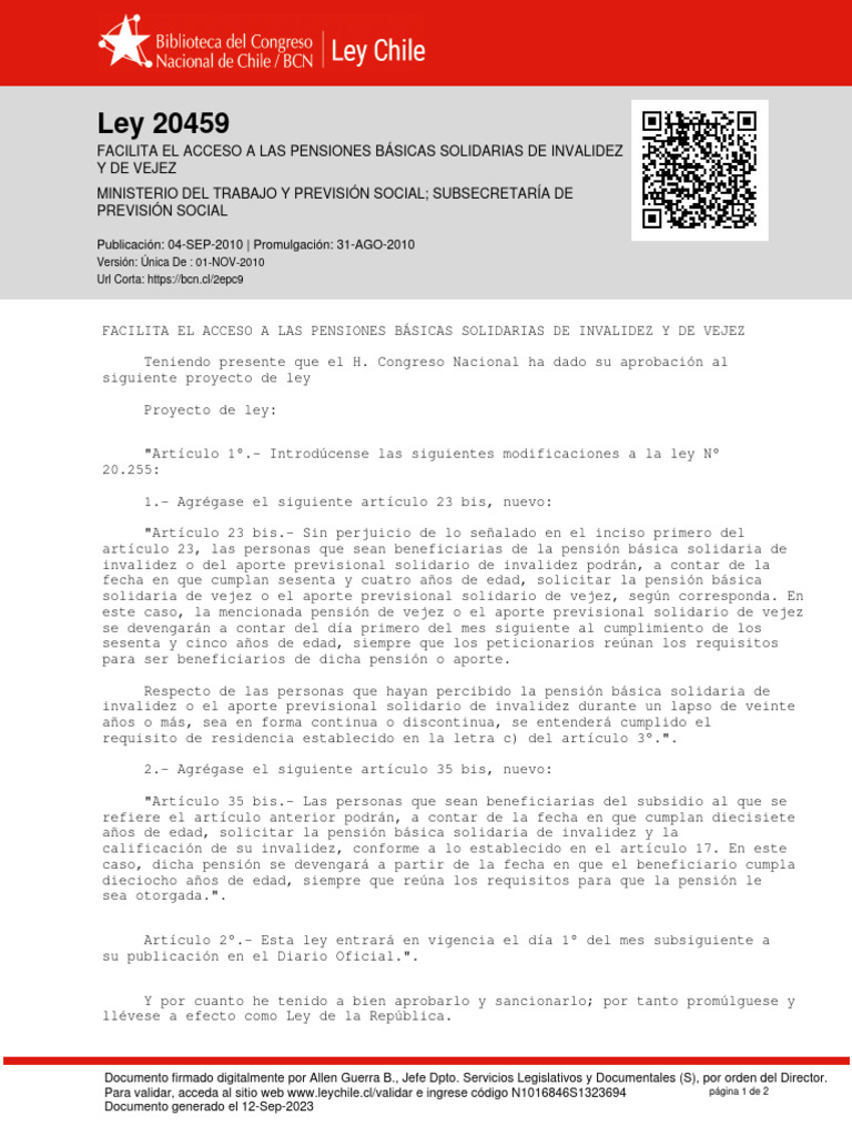 Ley 20459 - 04 SEP 2010 | PDF | Pensión | Gobierno