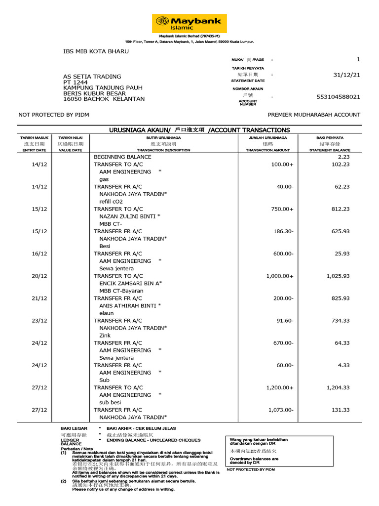 As Setia Trading (Statement) | PDF | Cheque | Banks