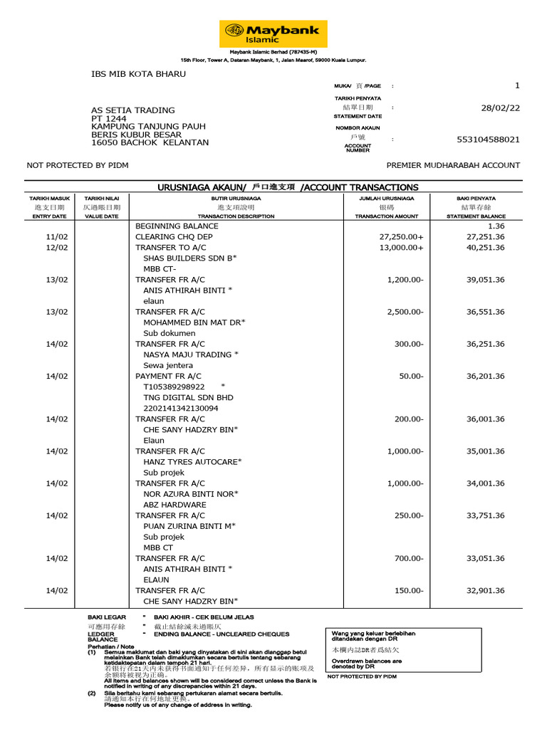 As Setia Trading (Statement) | PDF | Overdraft | Banks