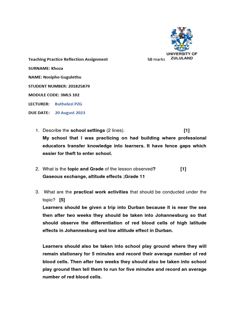 KHOZA NG. TASK 3 ASSIGNMENT THREE Teaching Practice Reflection | PDF | Teachers | Learning