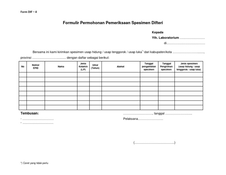 Form DIF-4 - Formulir Permintaan Pemeriksaan Spesimen Difteri | PDF