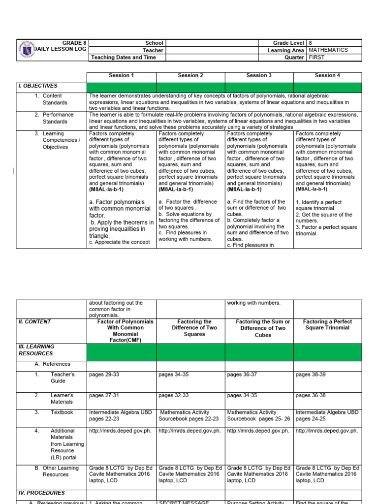 G8DLL Q1W1 LC01 | PDF | Factorization | Polynomial