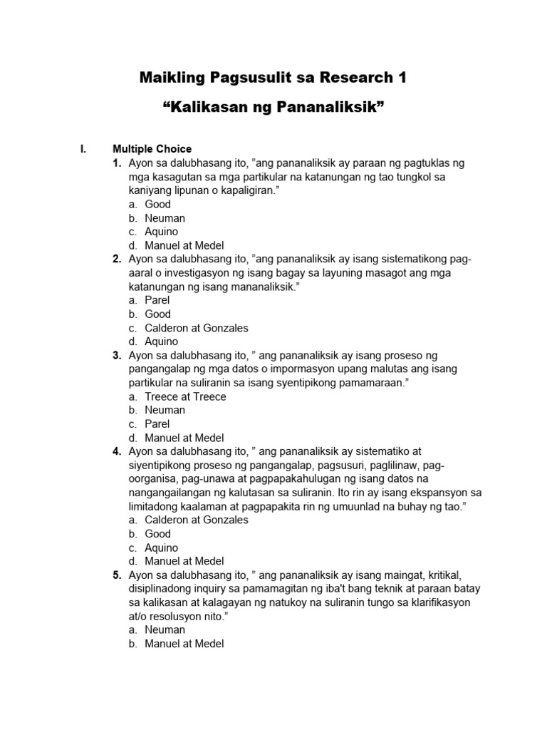 Maikling Pagsusulit Sa Research 1 | PDF