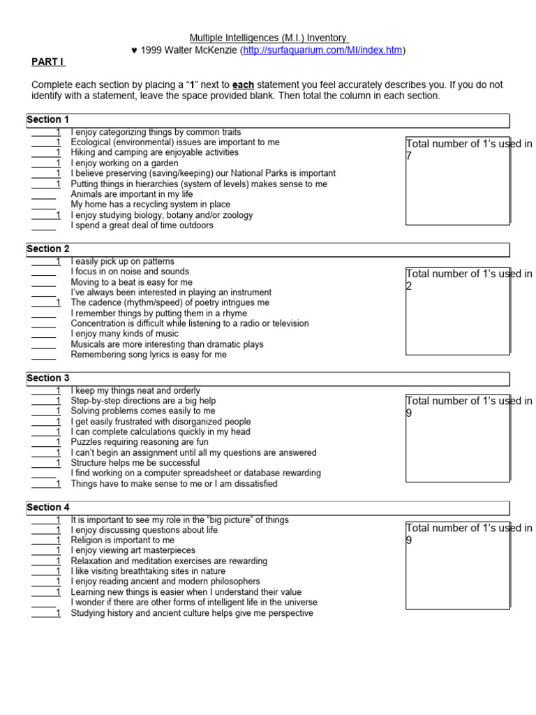 Multiple Intelligences Inventory Word | PDF | Intelligence | Cognition