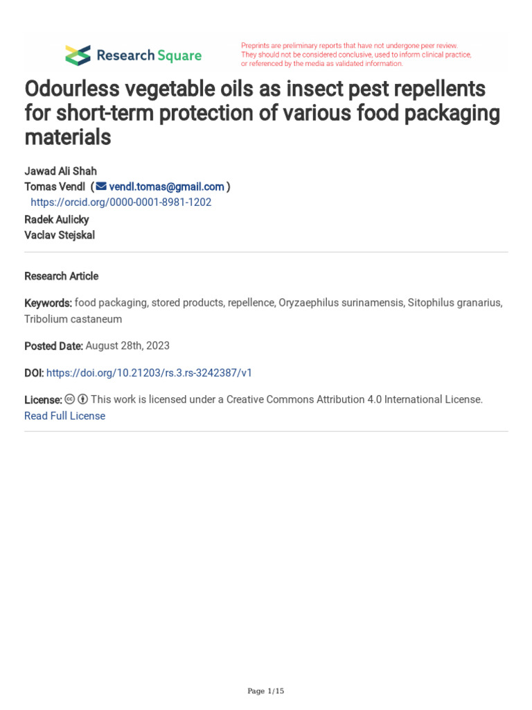Odourless Oils as Food Pest Repellents | PDF | Insecticide | Insects