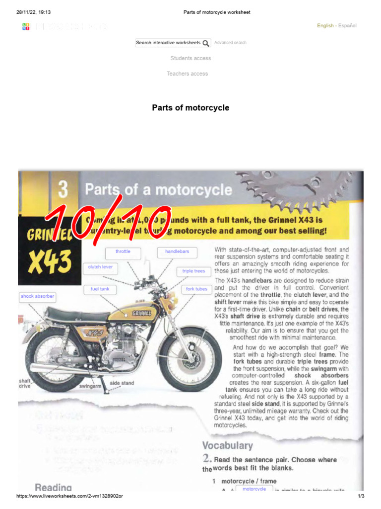 Parts of motorcycle worksheet CHRISTIAN BUITRAGO | PDF | Manufactured ...