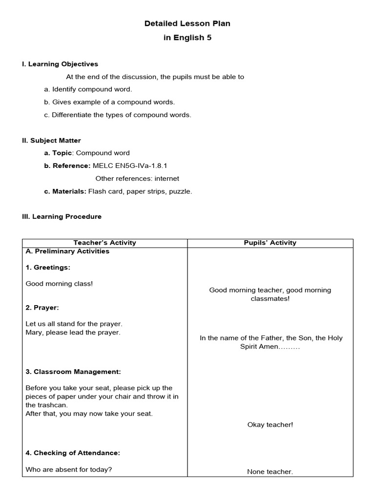 LP in Compound Words English 5 | PDF | Word | Teachers