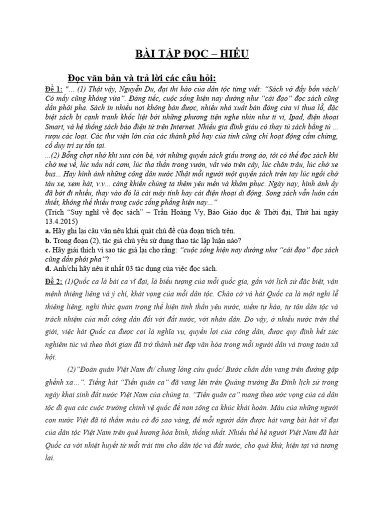 BÀI TẬP ĐỌC HIỂU TỔNG HỢP 11 GK | PDF